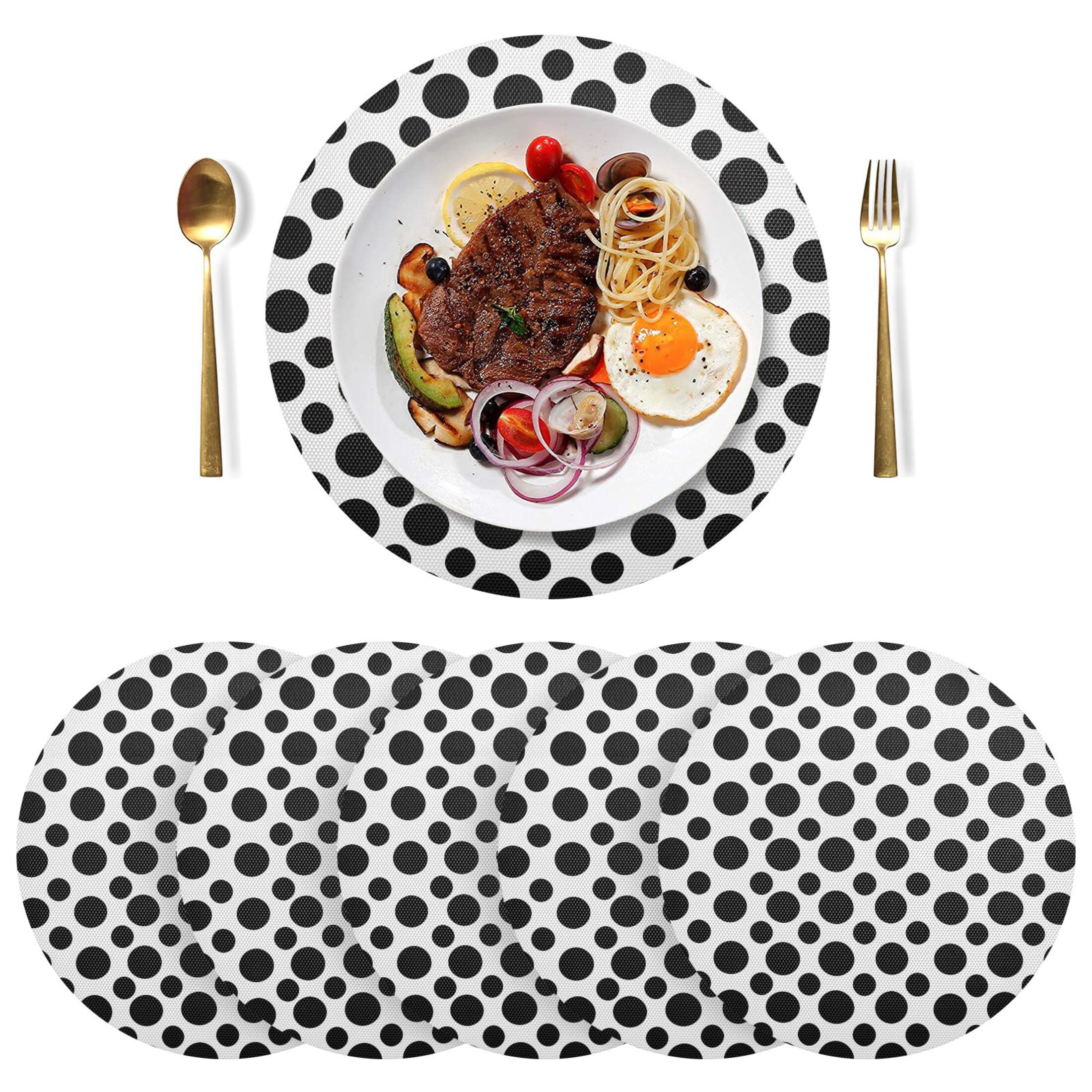 Black Polka Dots on White Round Plate Mats Non-Slip Place Mat Washable ...
