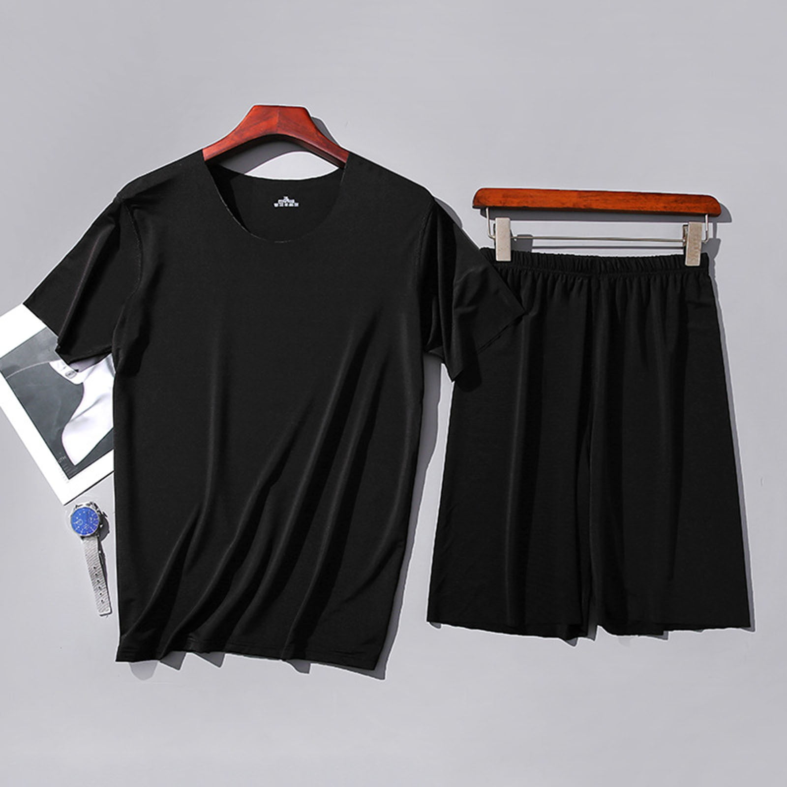Black Polyester Sleepwear Solid Men's Pajama & Sets & Loungewear ...