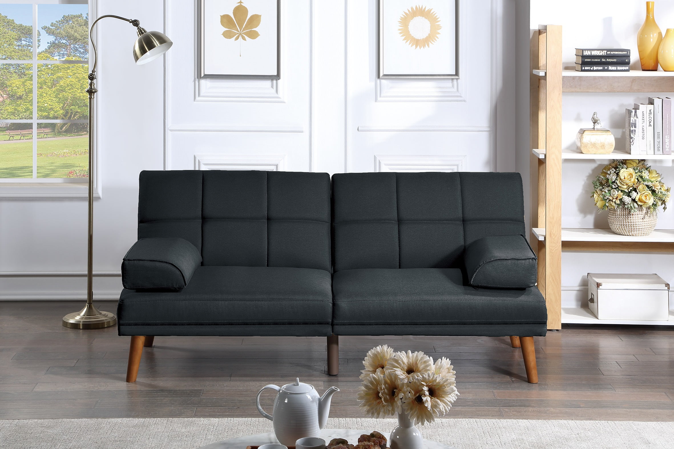 Black Polyfiber 1pc Adjustable Tufted Sofa Living Room Solid wood Legs ...