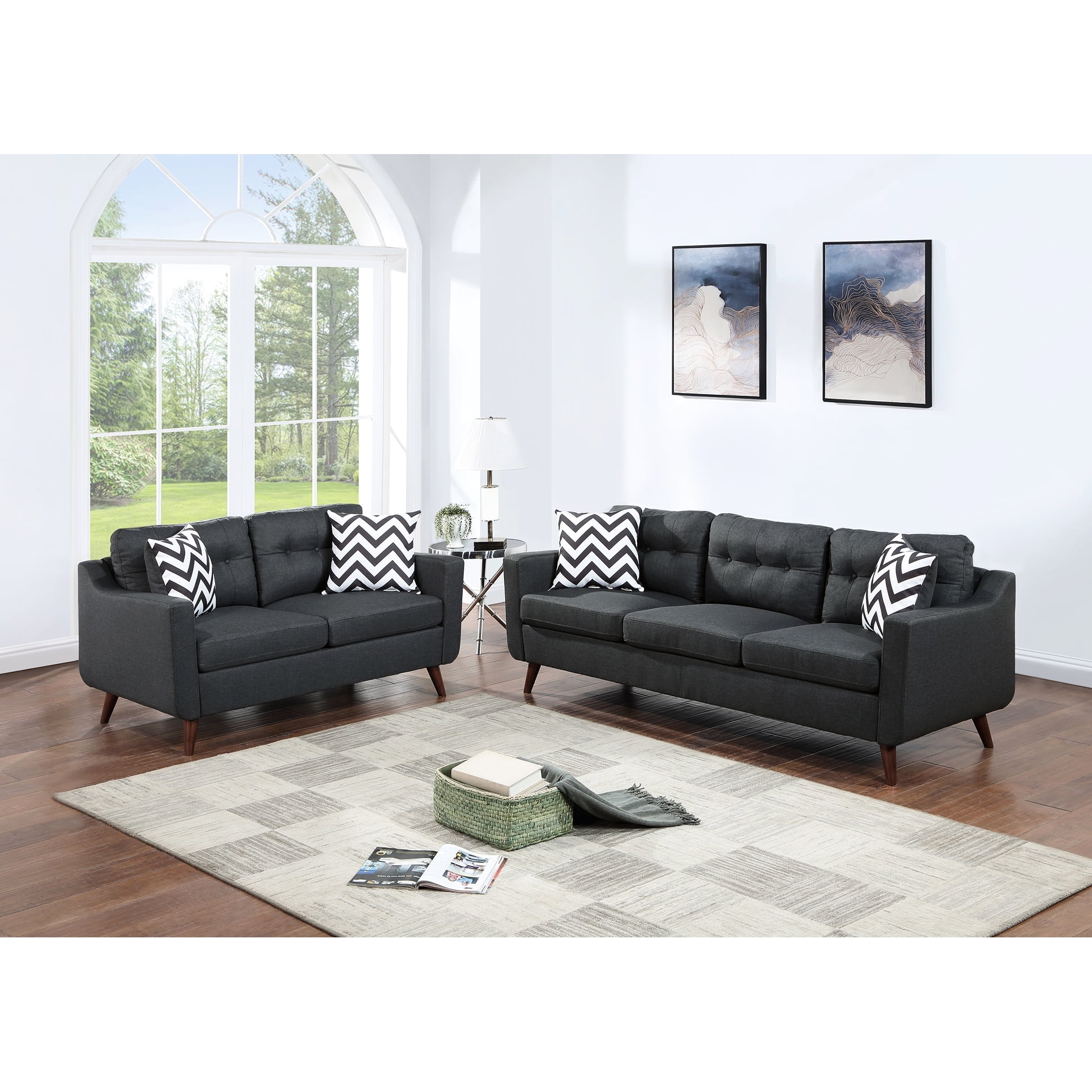 Black Polyfiber Couch , 2pc With Chic Back & Wooden Legs Contemporary ...