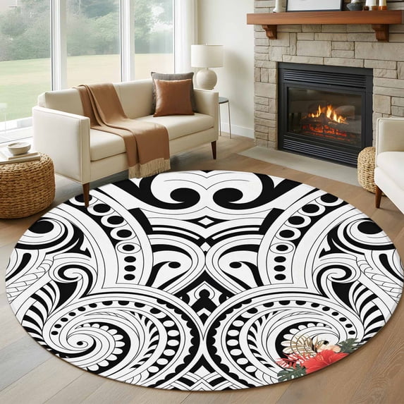 Black Polynesia Texture Round Rug 6ft Washable Circle Kitchen Rugs Non ...