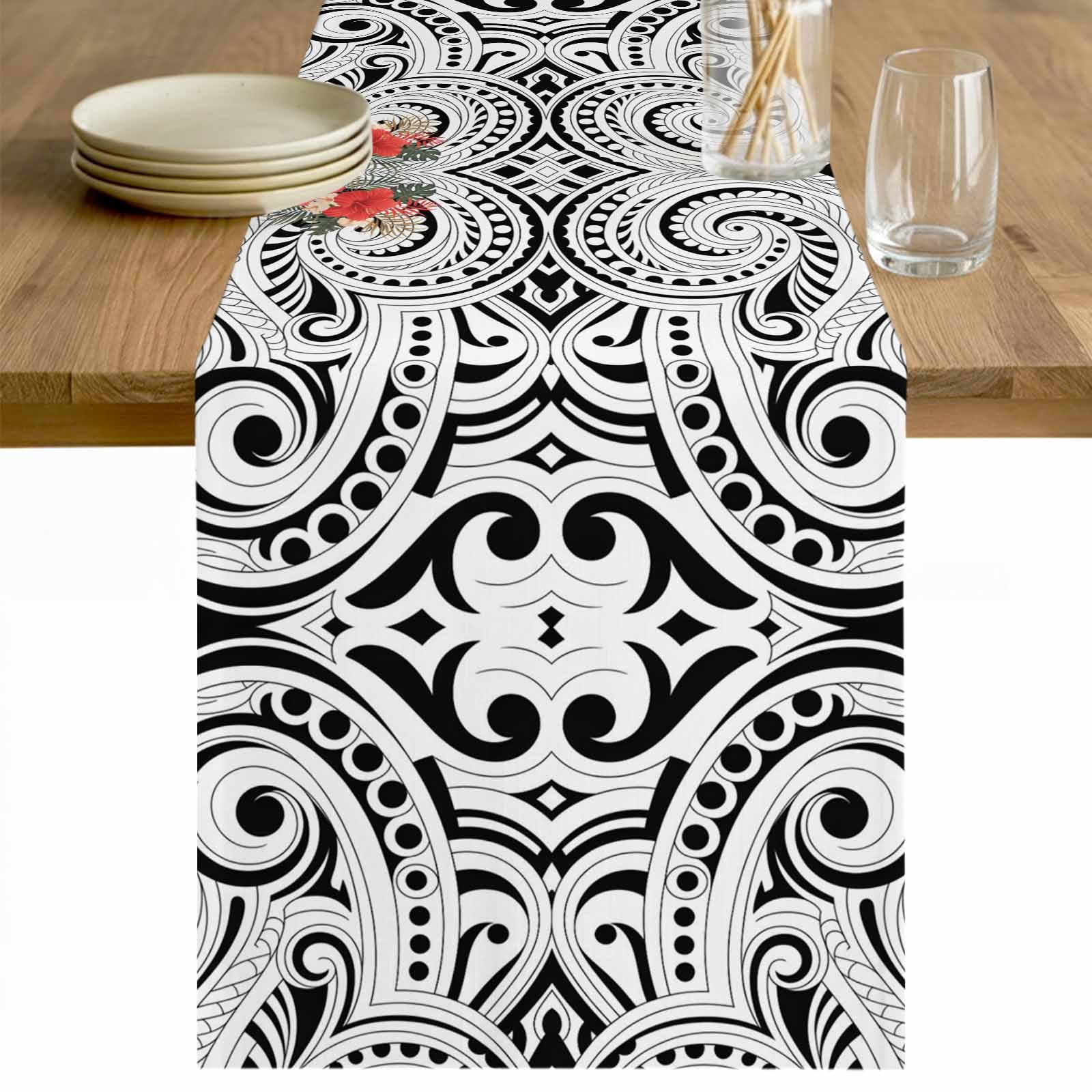 Black Polynesia Texture Table Runner - 72 Inch Long Retro Flowers ...