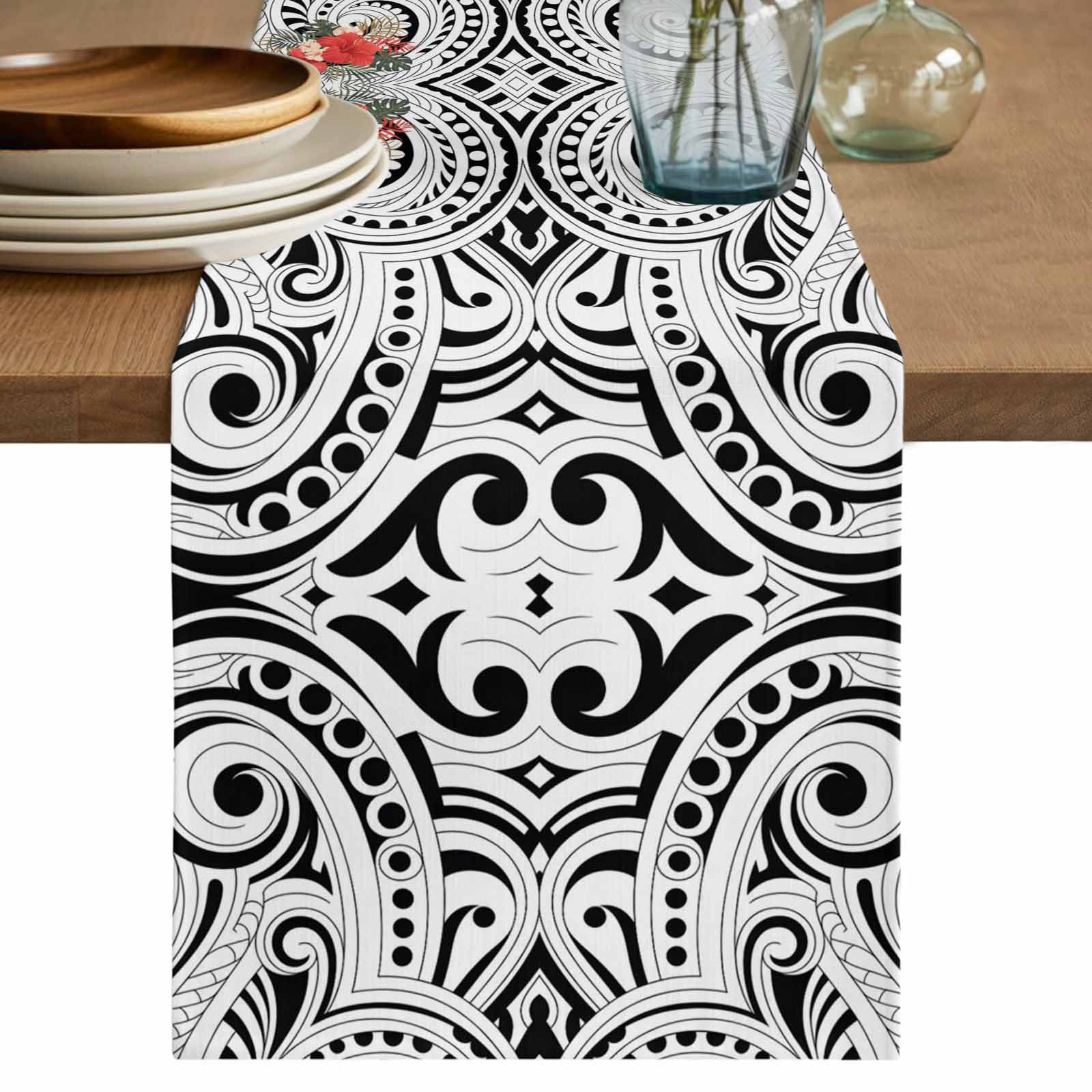 Black Polynesia Texture Table Runner 72 Inches, Retro Flowers Tribes ...