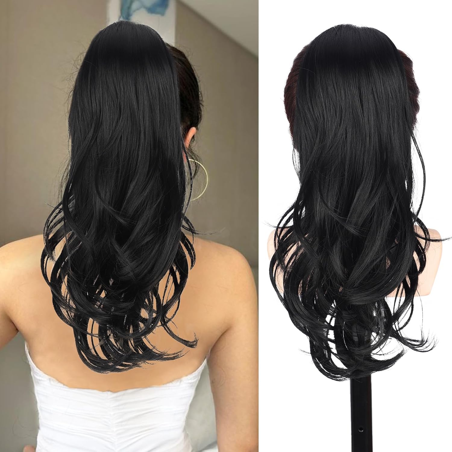 Black Ponytail Extension,Drawstring Ponytail for women Long Wavy ...