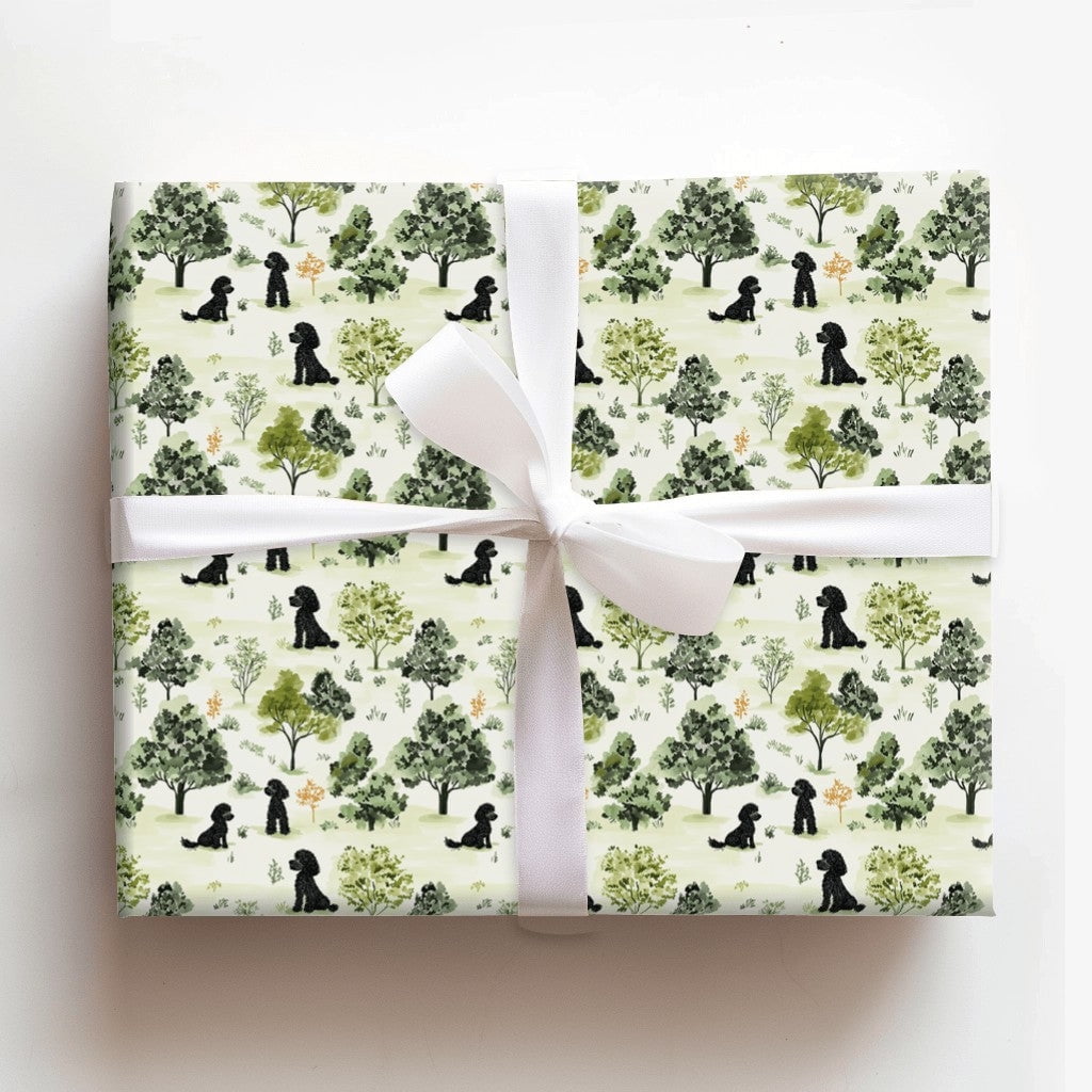 Black Poodle Dog and Green Trees Watercolor Pattern Gift Wrapping Paper ...