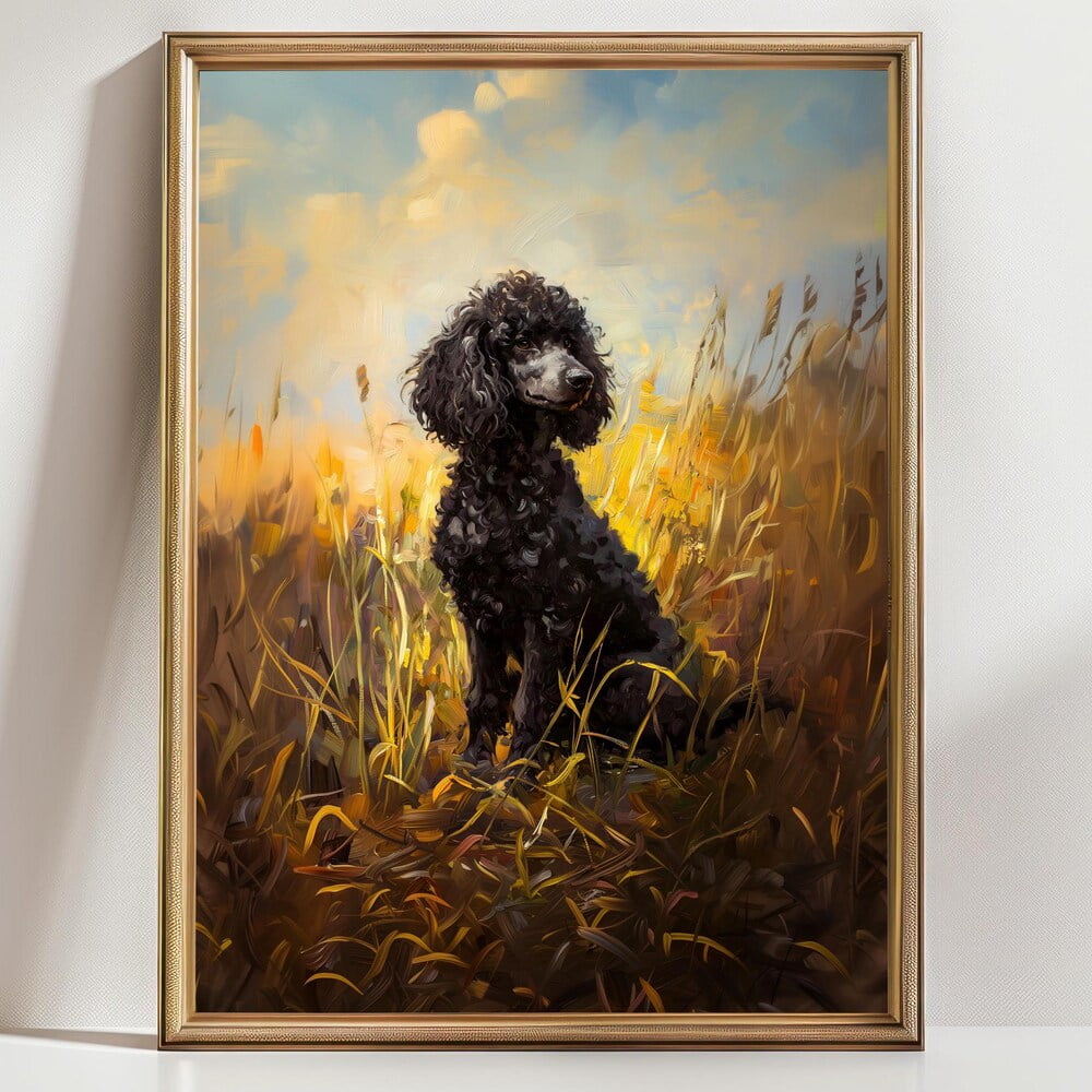 Black Poodle Field Wall Art Print Elegant Dog Painting In Golden Meadow ...