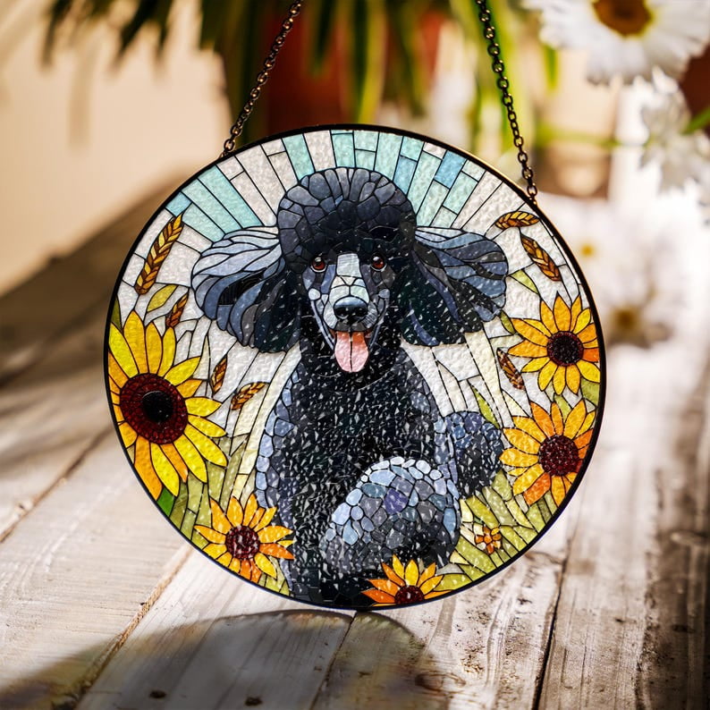 Black Poodle potrait GLASS Suncatcher Hanging, Winter wildflower, Dog ...