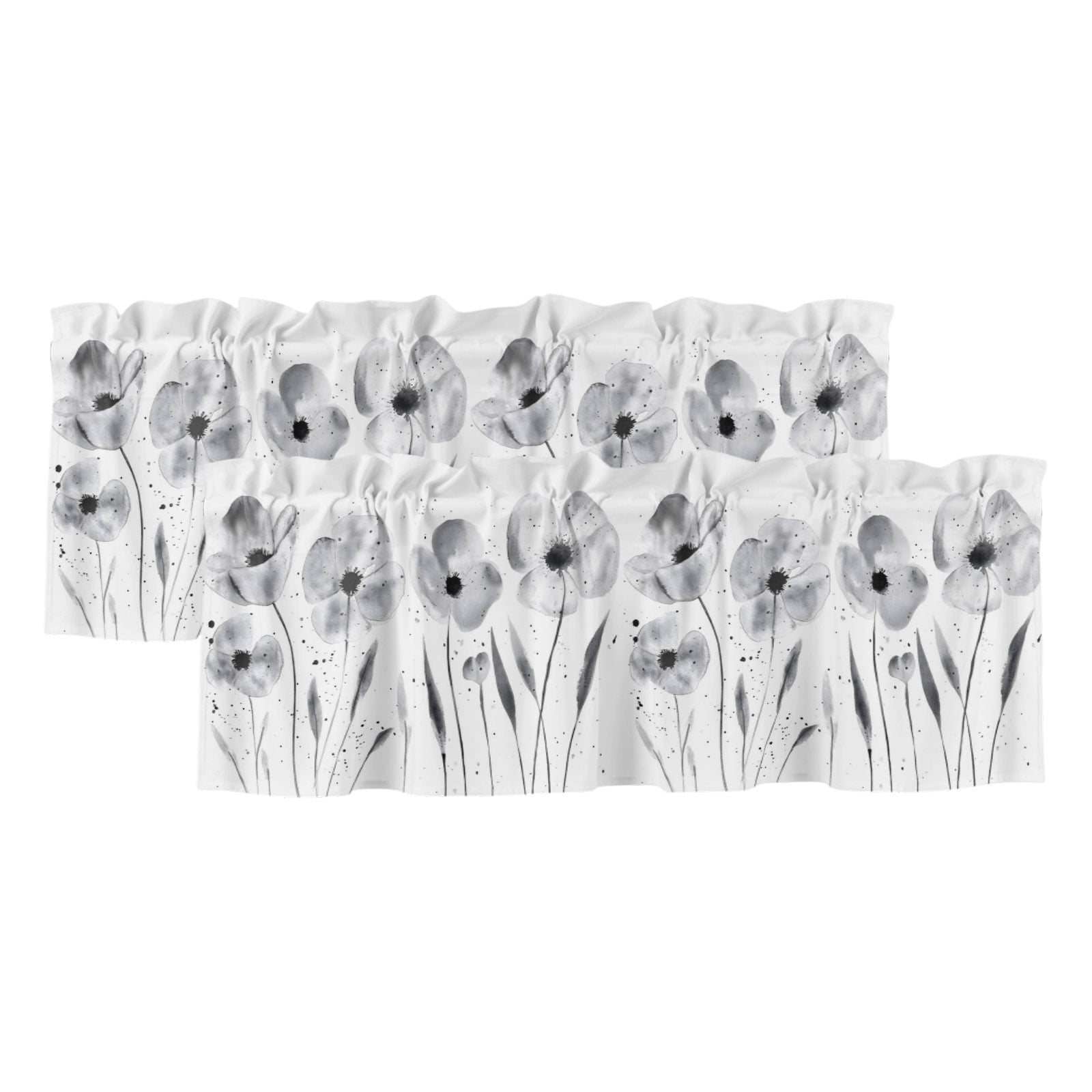 Black Poppy 2 Panels Kitchen Valance, Leaves Modern Watercolor Floral ...