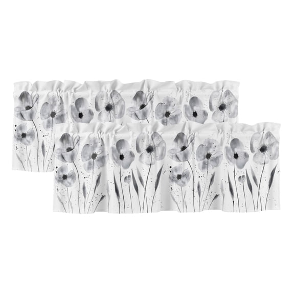 Black Poppy 2 Panels Kitchen Valance, Leaves Modern Watercolor Floral ...