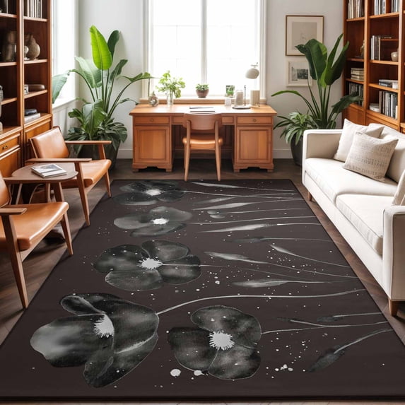 Black Poppy 4'x6' Rug for Dining Table for 4 People Under Table, Leaves ...