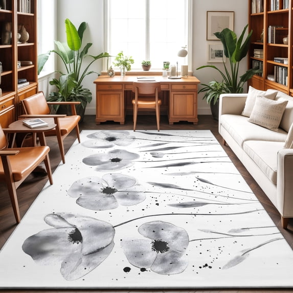Black Poppy 5'x7' Rug for Living Room Sofa and Coffee Table Layout ...