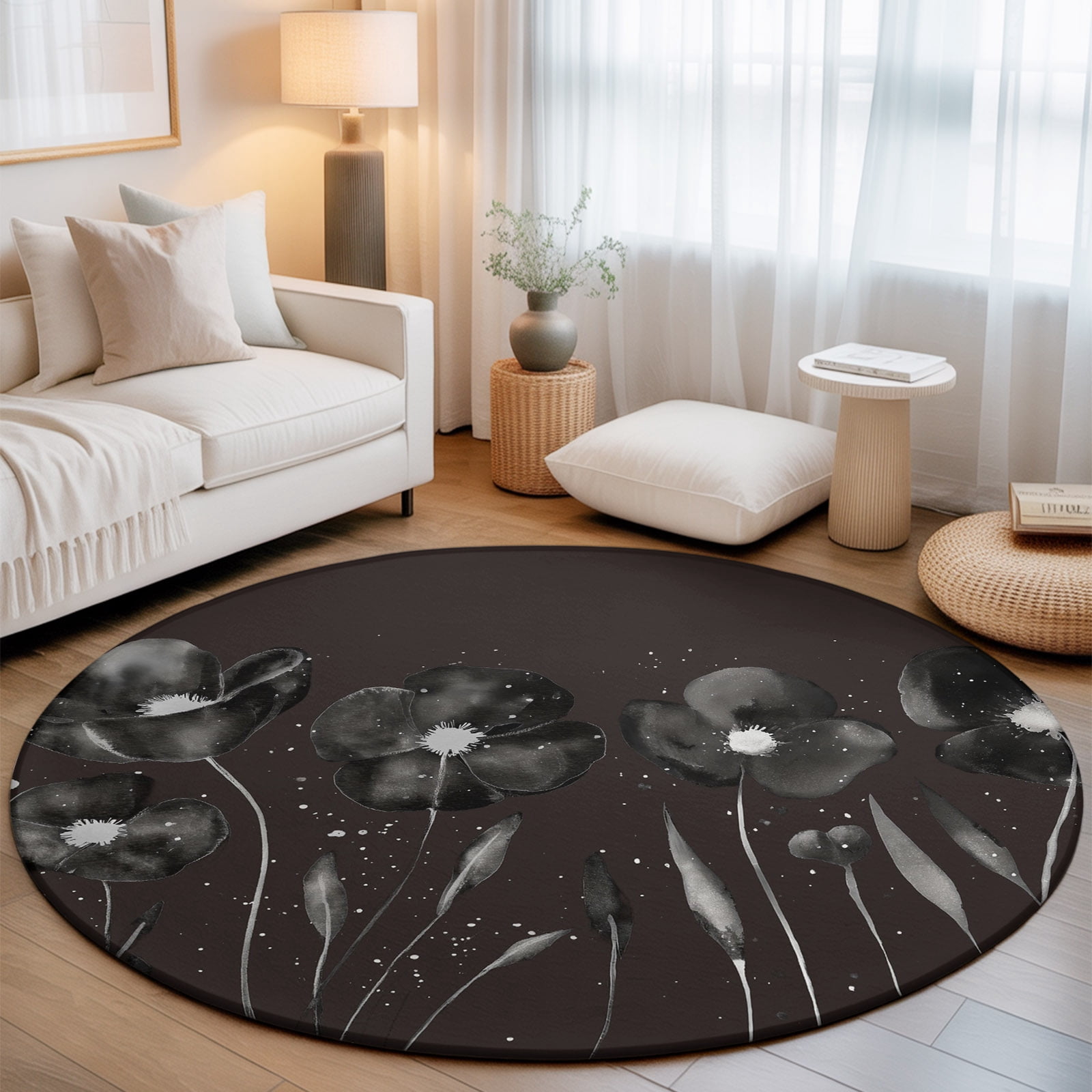 Black Poppy 8' Round Rug for Open Concept Living Room Seating Zone ...