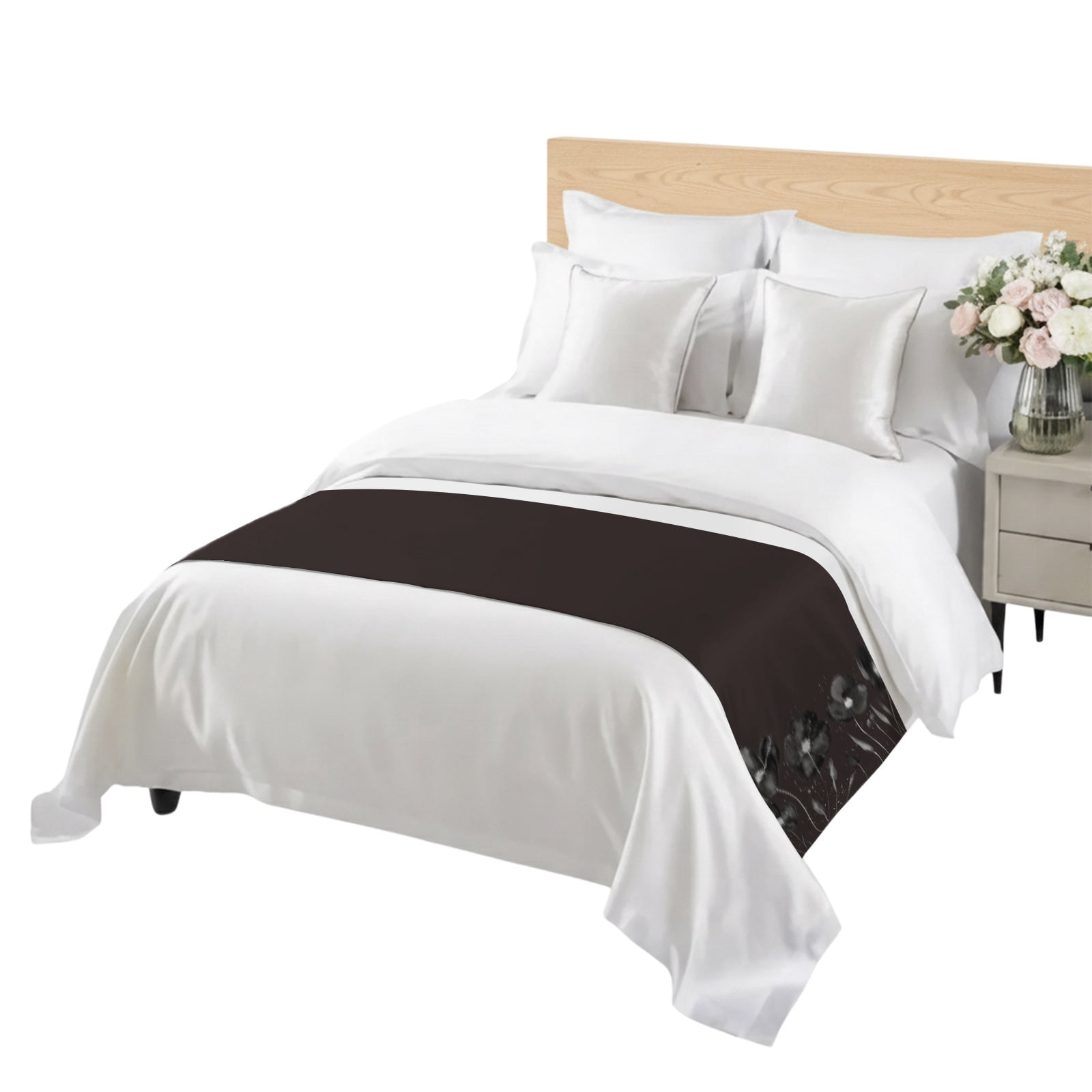 Black Poppy Bed Runner Twin Size Leaves Modern Dark Watercolor Floral ...
