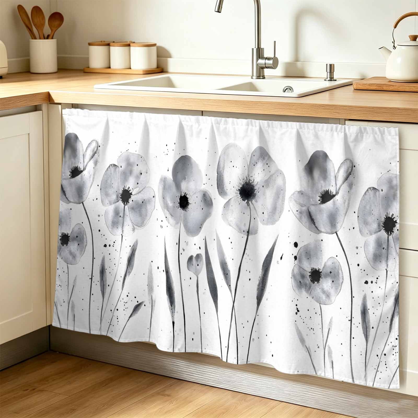 Black Poppy Cabinet Curtain, Leaves Modern Watercolor Floral Sink Skirt ...