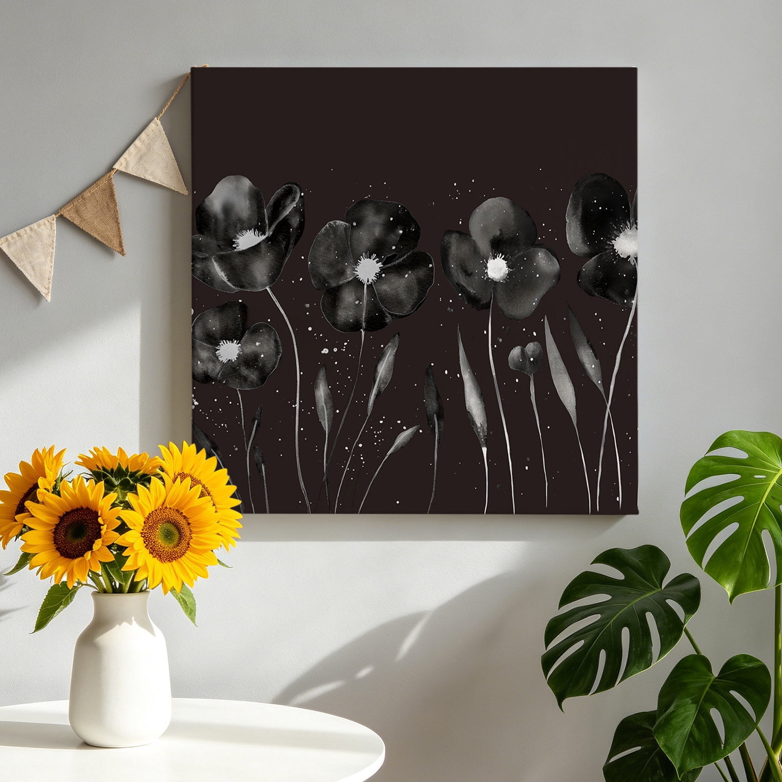 Black Poppy Canvas Wall Art for Living Room, Leaves Modern Dark ...