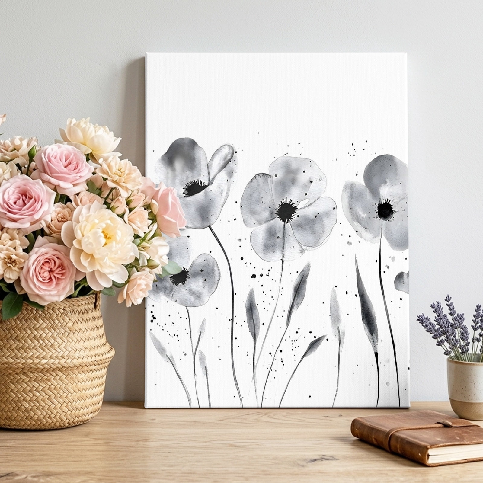 Black Poppy Canvas Wall Art for Living Room, Leaves Modern Watercolor ...