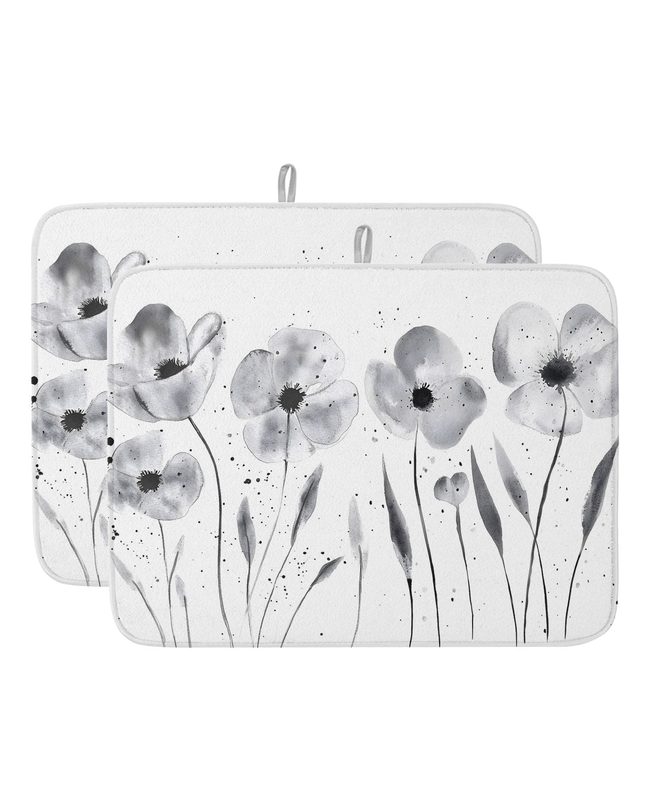 Black Poppy Dish Drying Mat 18x24 inch Leaves Modern Watercolor Floral ...