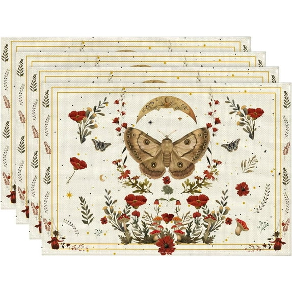 Black Poppy Moth Moon Placemats Set of 4, 12x18 Inch Floral Spring ...