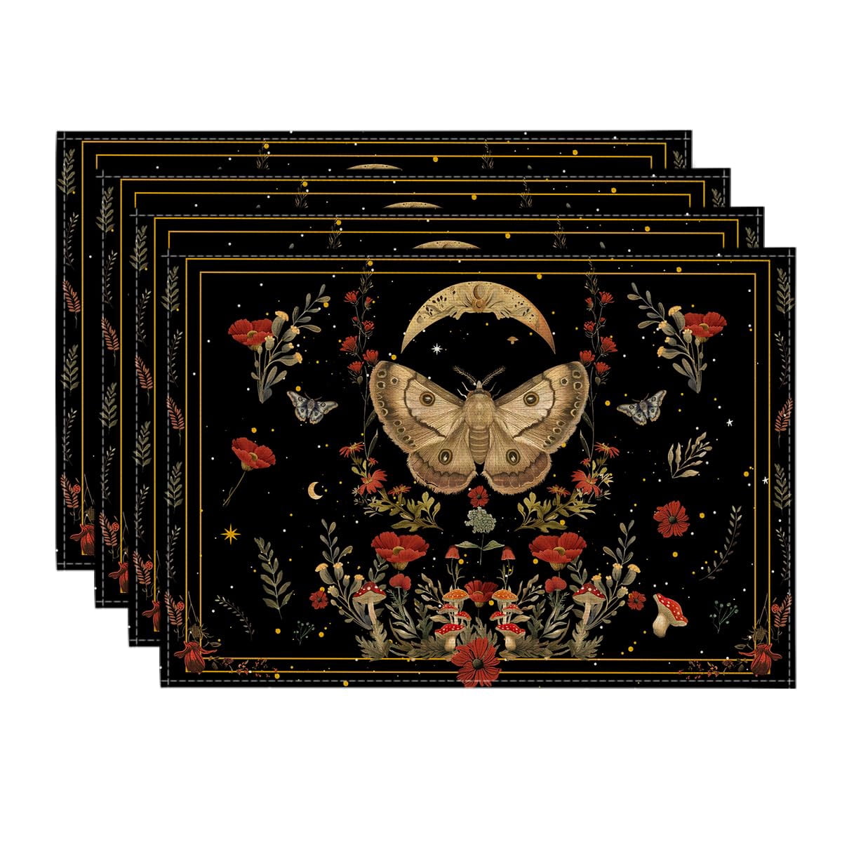 Black Poppy Moth Moon Placemats Set of 4, 12x18 Inch Floral Spring ...