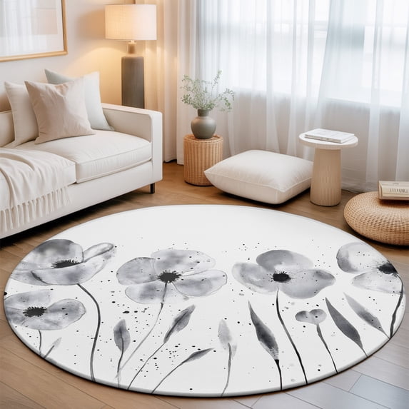 Black Poppy Round Living Room Rugs 5 ft, Leaves Modern Watercolor ...