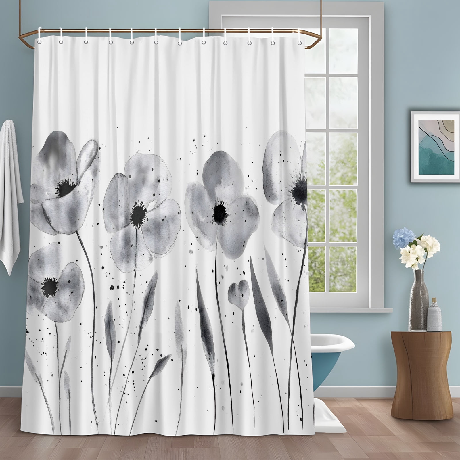 Black Poppy Shower Curtain Set with Hooks, Leaves Modern Watercolor ...