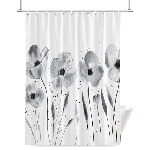 Black Poppy Shower Curtains for Bathroom, Leaves Modern Watercolor ...