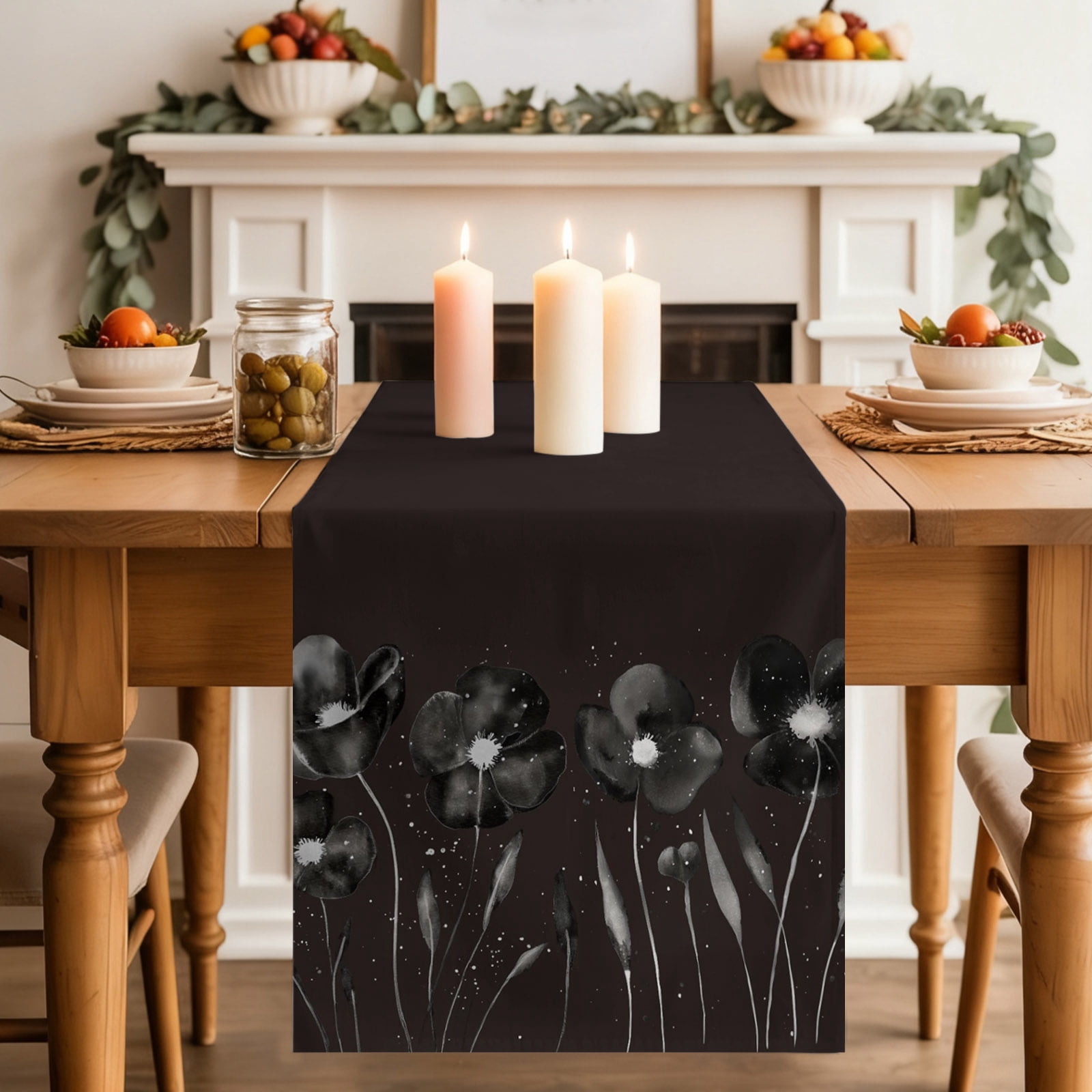 Black Poppy Table Runner 13x90 Inch Leaves Modern Dark Watercolor ...