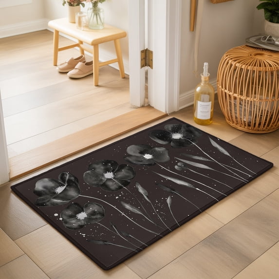 Black Poppy Washable Small Entryway Area Rugs 2'x3', Leaves Modern Dark ...