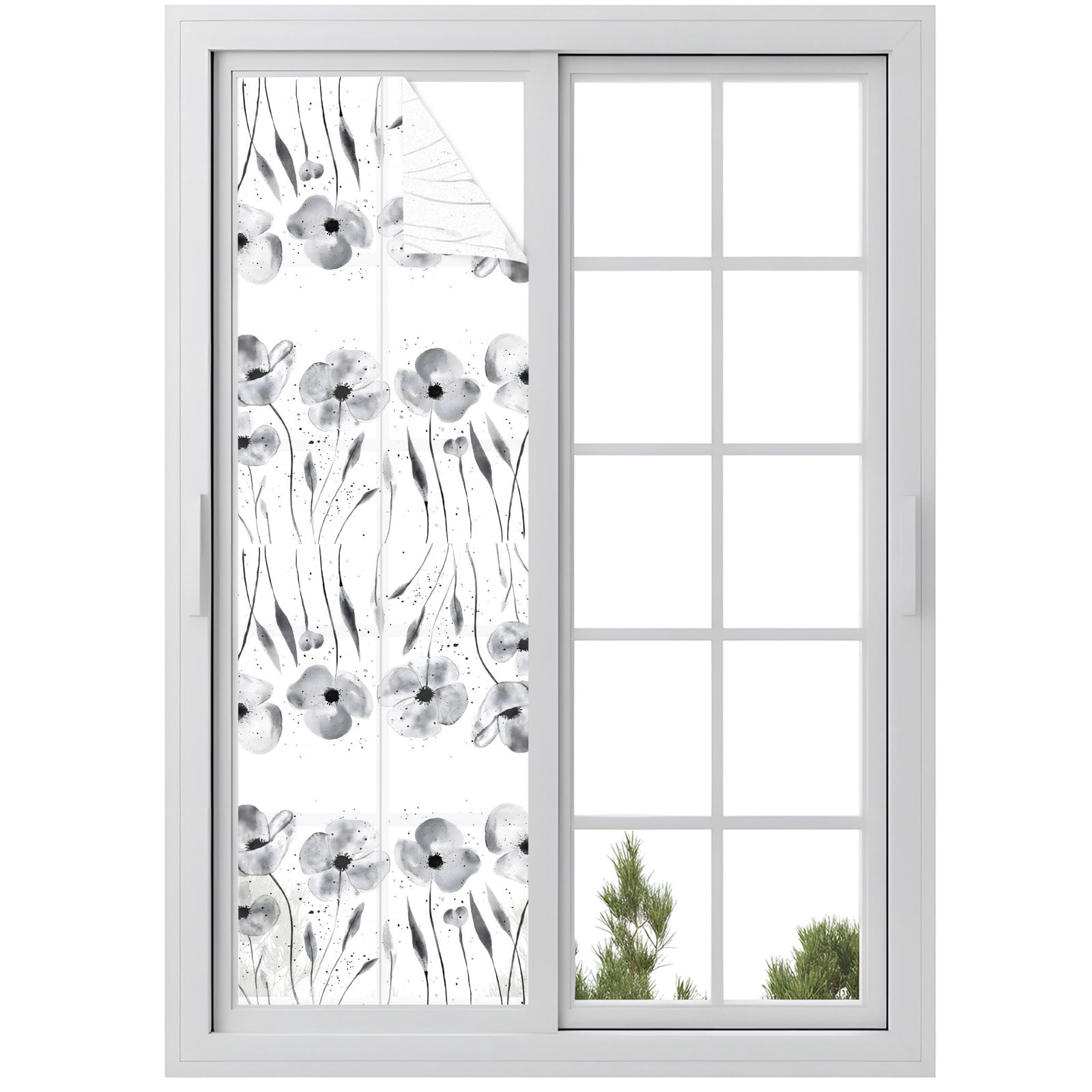 Black Poppy Window Privacy Film, Leaves Modern Watercolor Floral ...