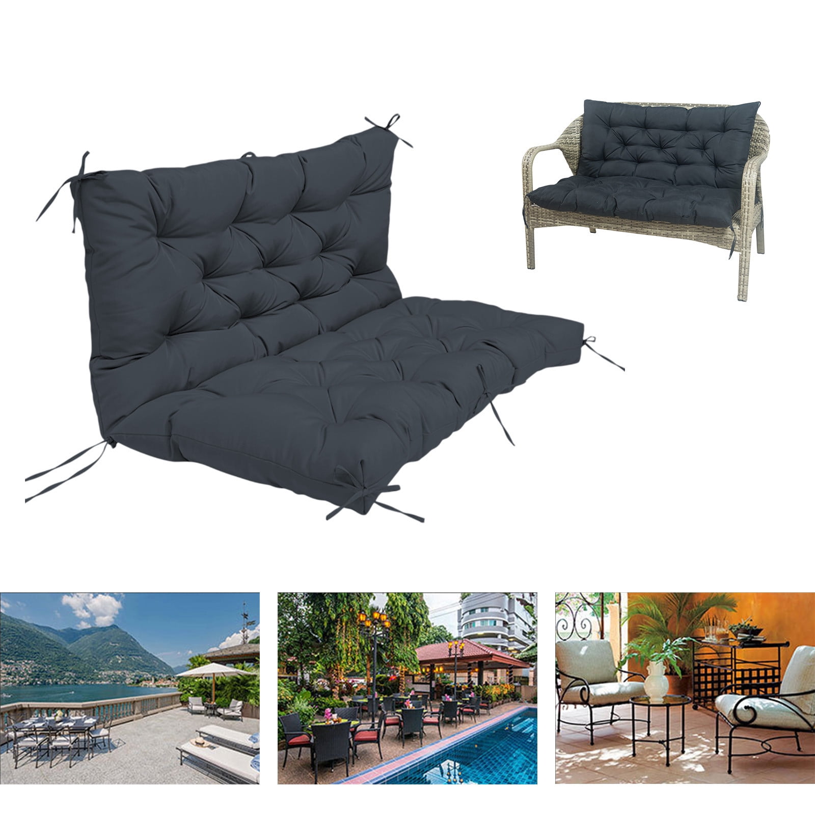 Black Porch Swing Cushion with Backrest, 2-3 Seater Bench Cushions for ...