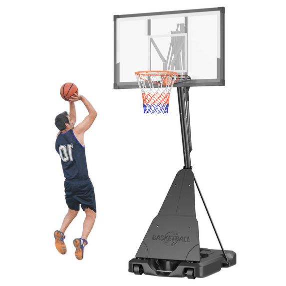 Black Portable Adjustable Basketball Hoop with Ball Return & Wheels ...