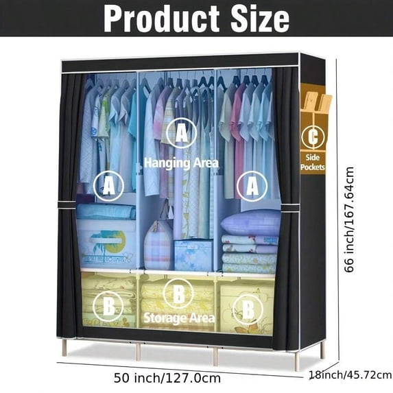 Black Portable Closet Storage Organizer With Hanging Area And Storage ...