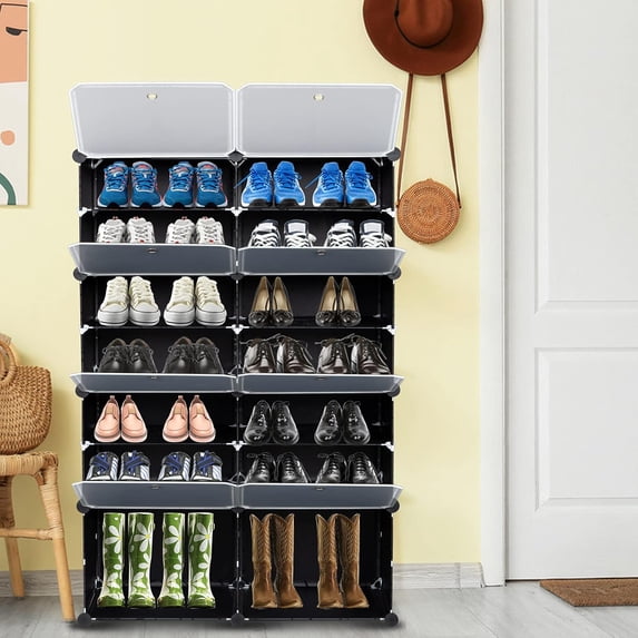 Black Portable Expandable Shoe Storage Tower Cabinet, 7-Tier 14-Grid ...