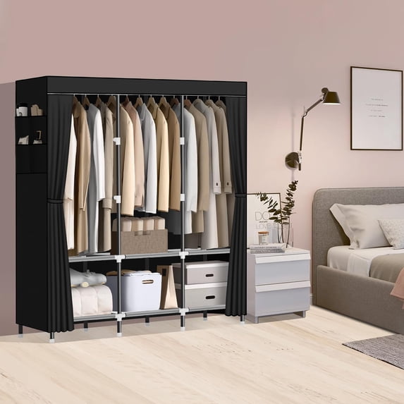 Black Portable Wardrobe Closet, 19mm Steel Pipe Heavy Duty Clothes Rack ...