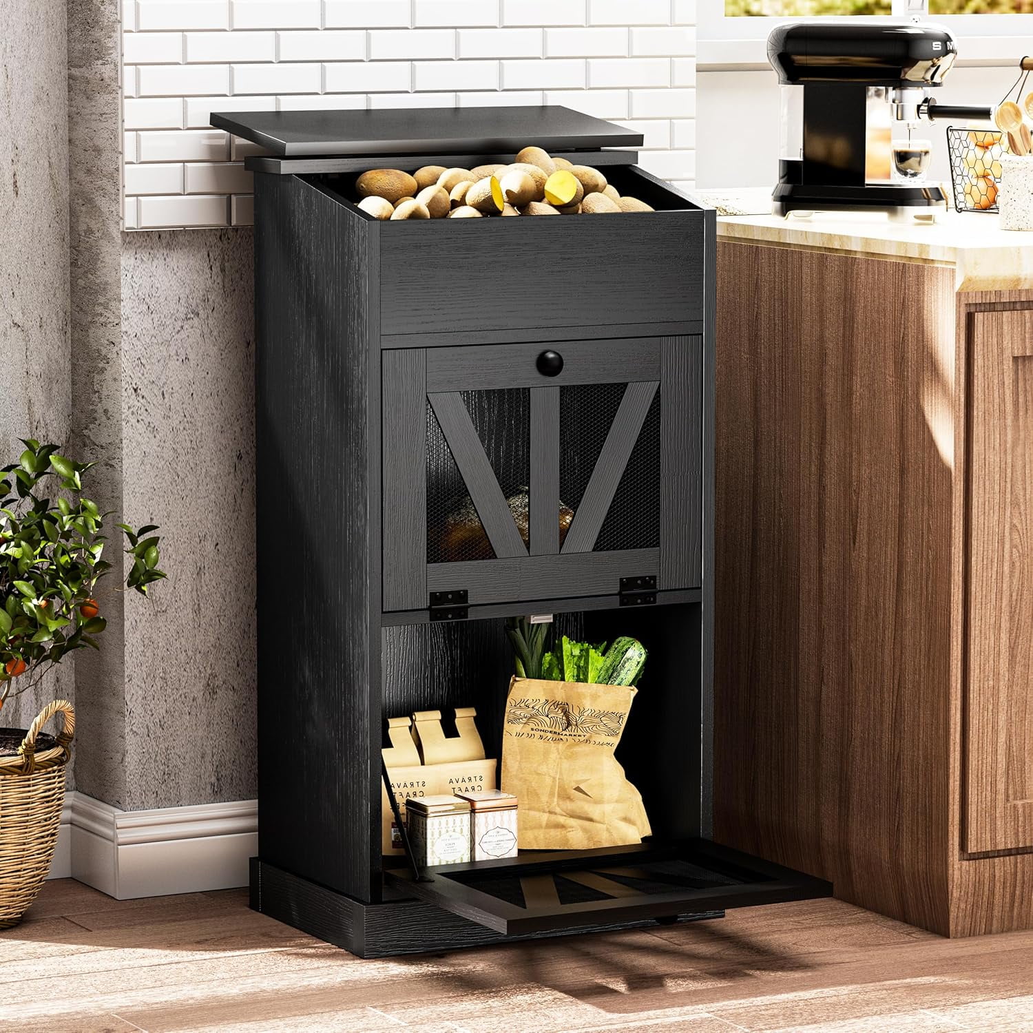 Black Potato Storage Bin Wood, Wooden Bread Storage Box, 19'' Farmhouse ...