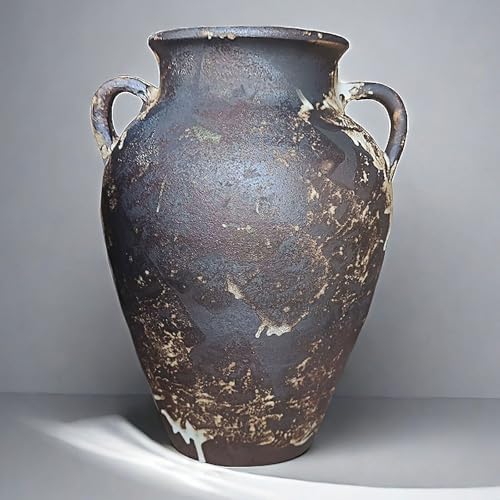 Black Pottery Vase - 10" Rustic Farmhouse vase, Vintage Weathered ...
