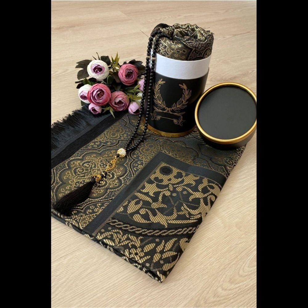 Black Prayer Rug Set with Dowry Gift Box Luxury Taffeta Prayer Rug ...