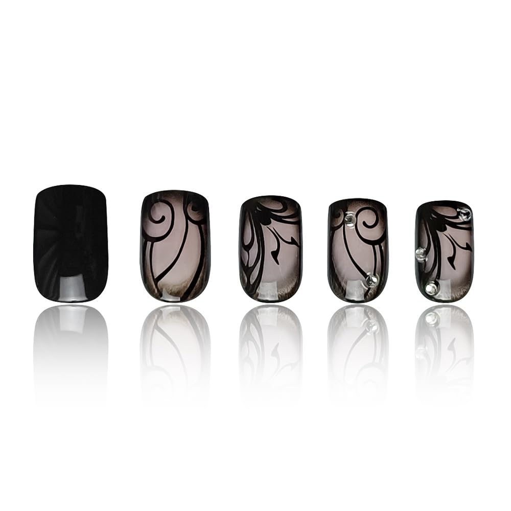 Black Press on Nails Short Square Fake Nails Black Vine Acrylic Glue on ...