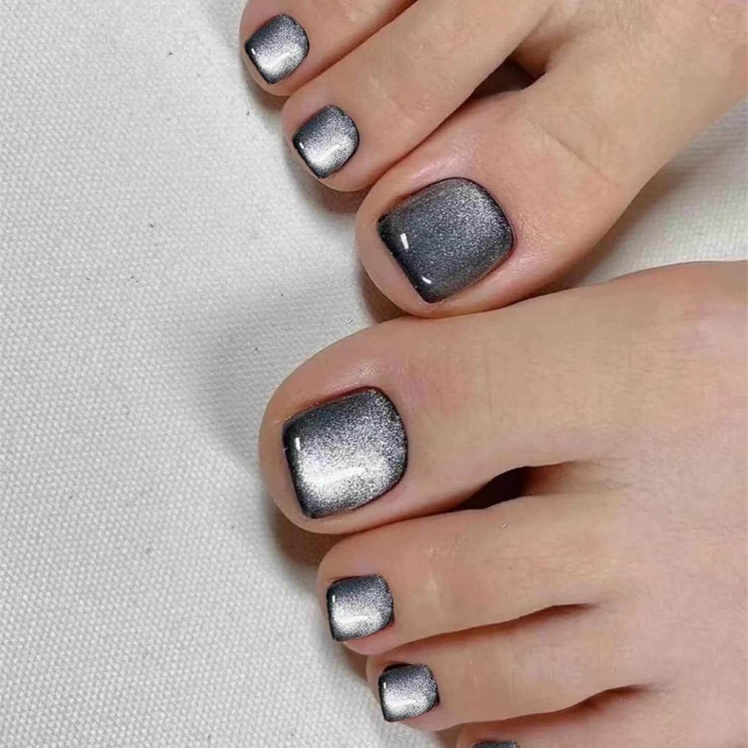 Black Press on Toenails Cat Eye Fake Toe Nails Glitter Glue on Toenails ...