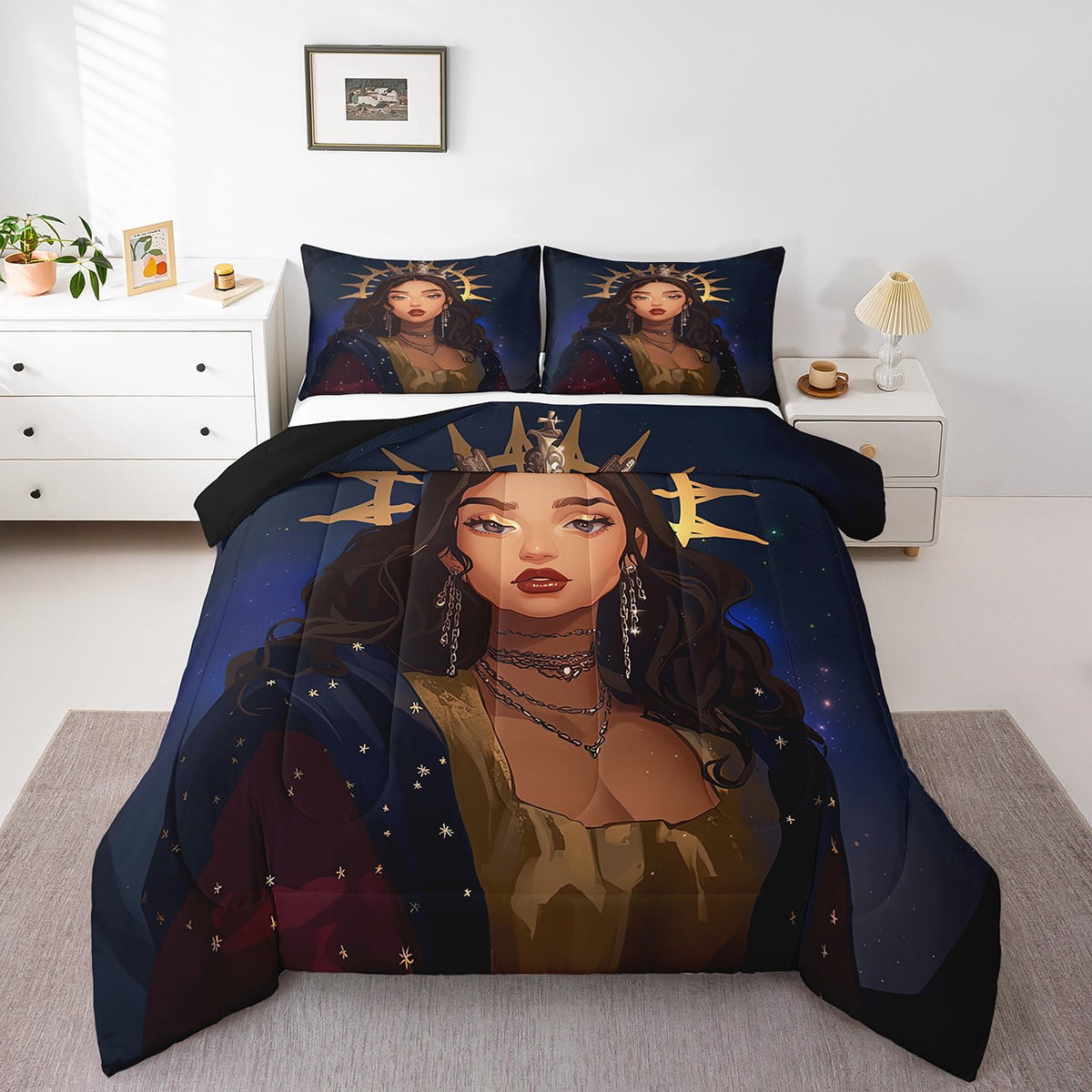 Black Princess Bedding Comforter Sets Brown Curly Hair Afro Comforter ...
