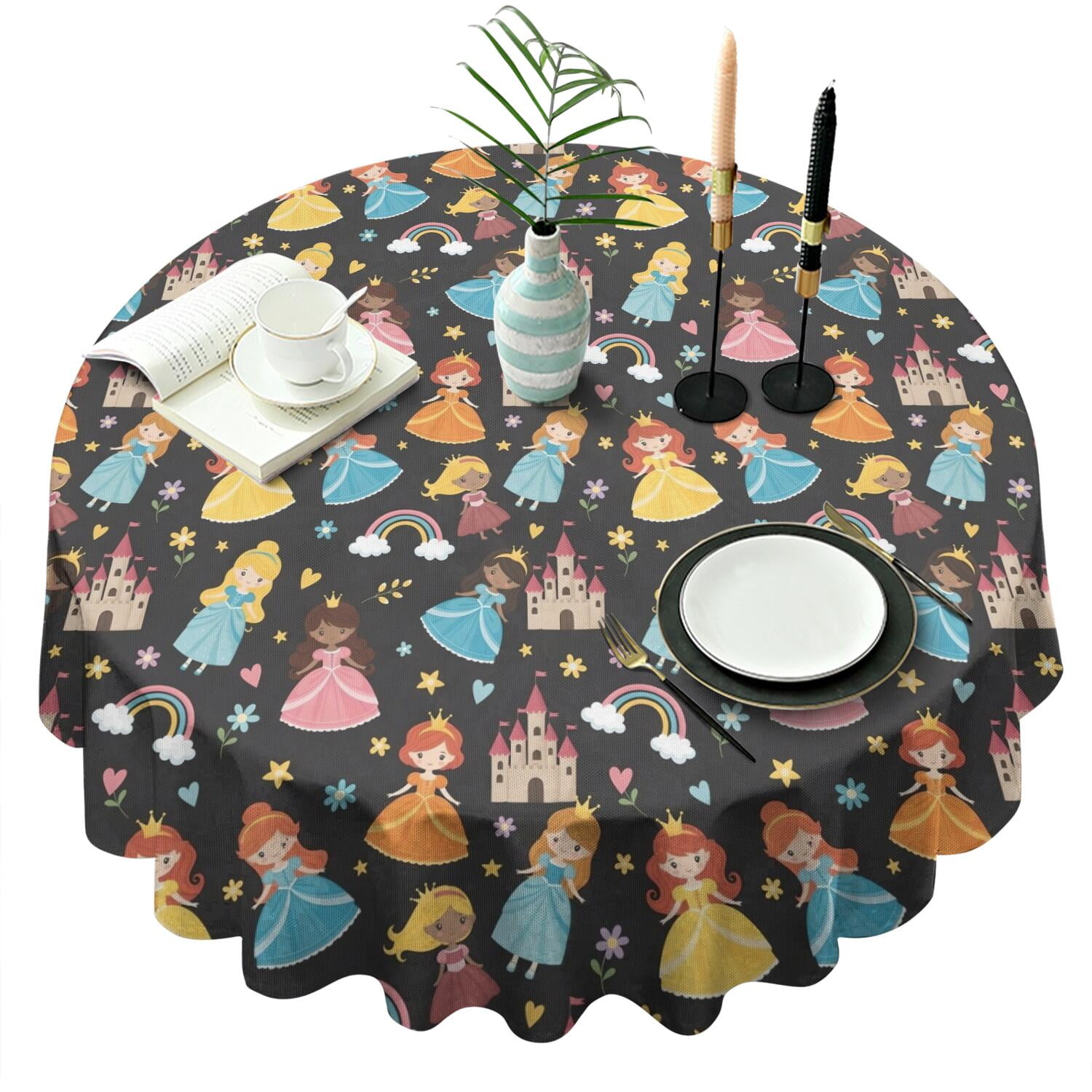 Black Princess Castle Pattern Round Tablecloth 60"x60",Wrinkle Wipeable ...