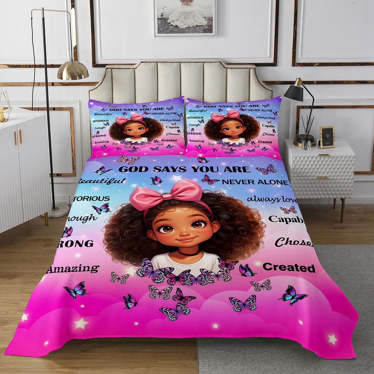 Black Princess Girls Bedspread King Size,American Girls Bowknot Kids ...