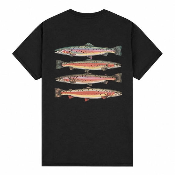 Black Print Abstract Colorful Trout In A Row T-shirt, River Fish Trout ...