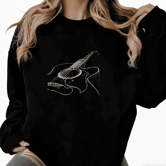 Black Print Graphic Sweatshirt White Acoustic Guitar Outline Design ...