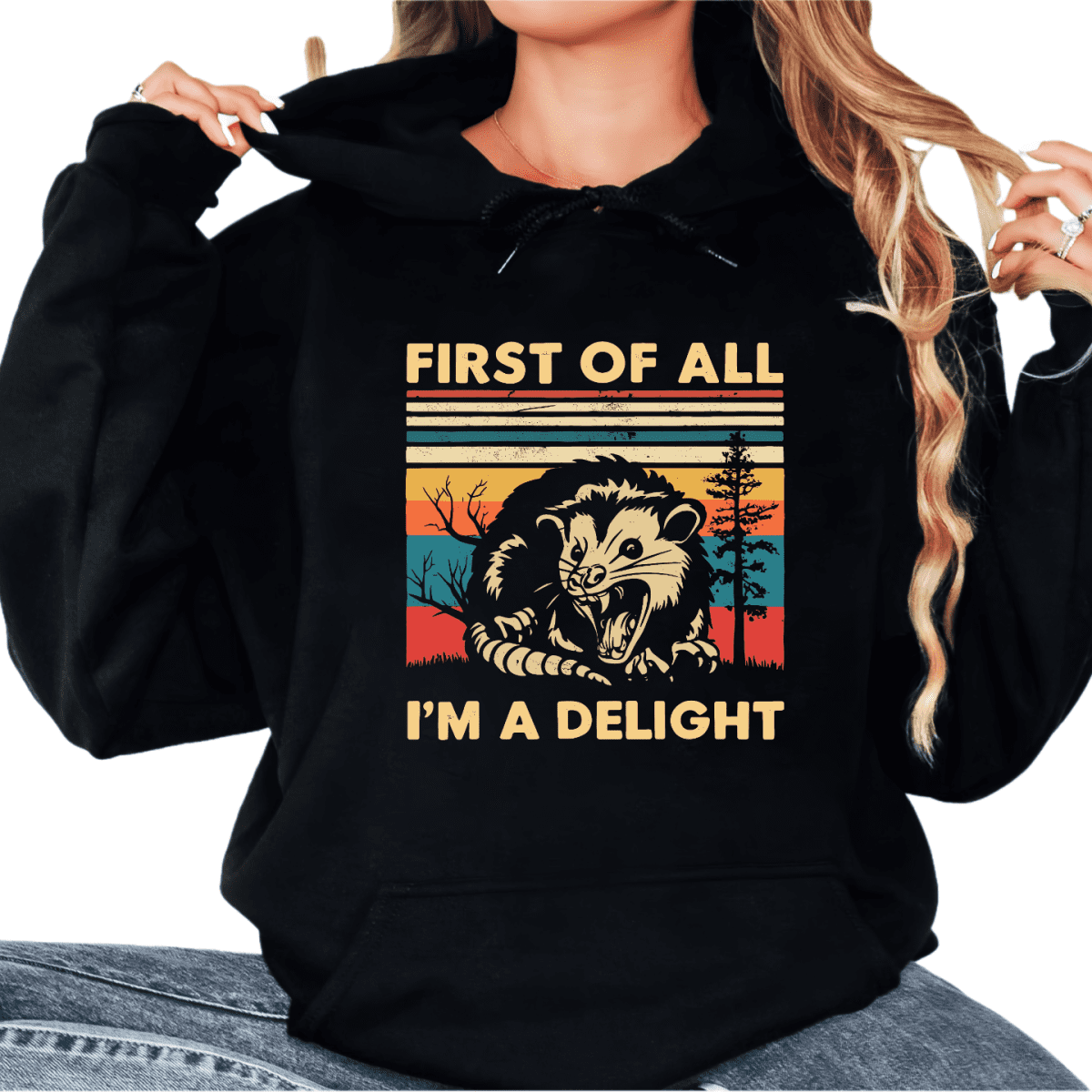 Black Print Hoodie Graphic Sweatshirt First Of All Im A Delight Possum ...