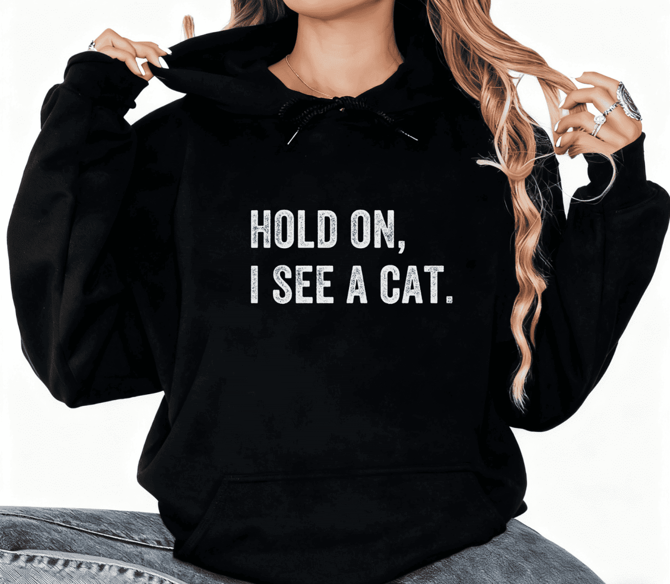 Black Print Hoodie Graphic Sweatshirt HOLD ON I SEE A CAT Funny Cat ...