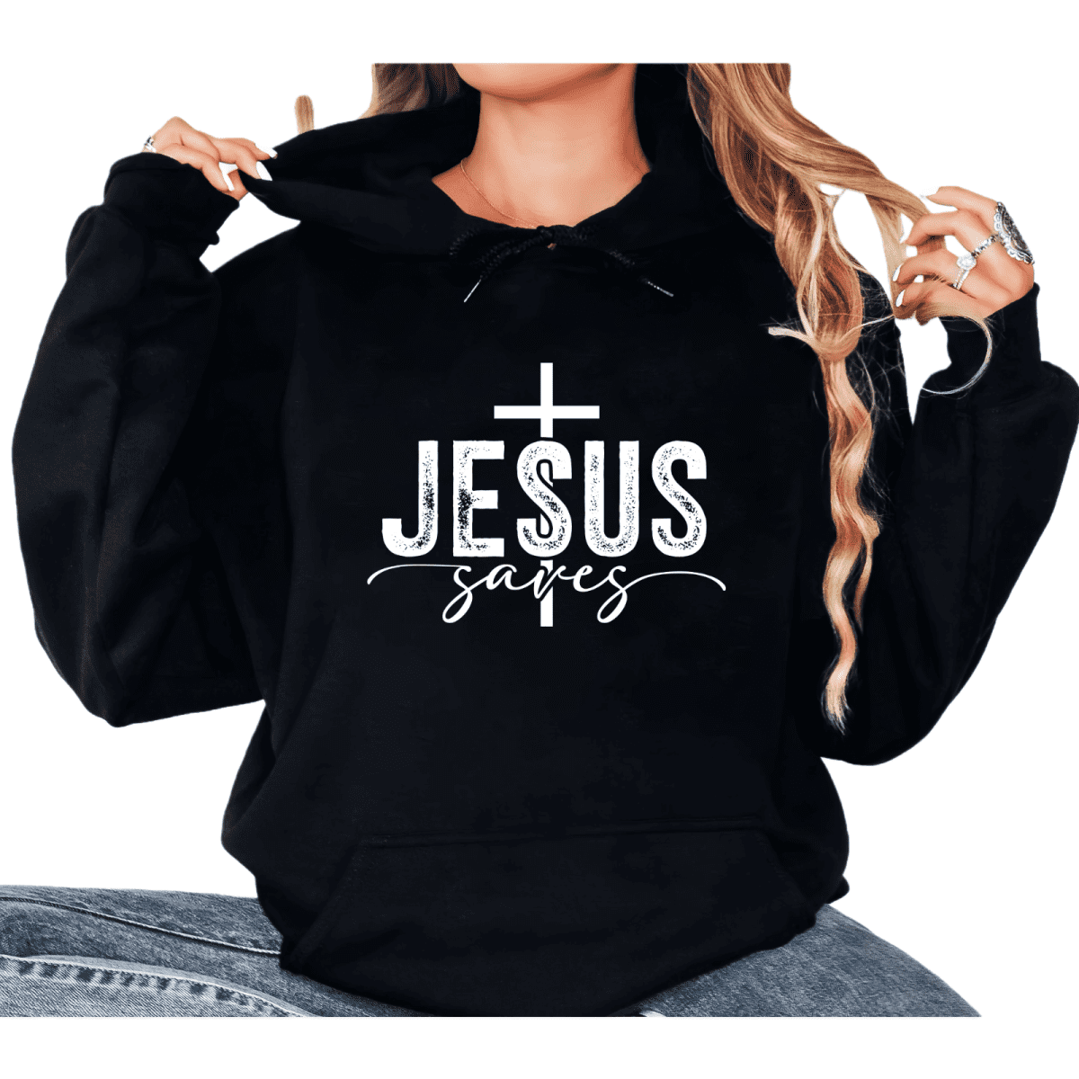 Black Print Hoodie Graphic Sweatshirt Jesus Saves Cross Christian ...
