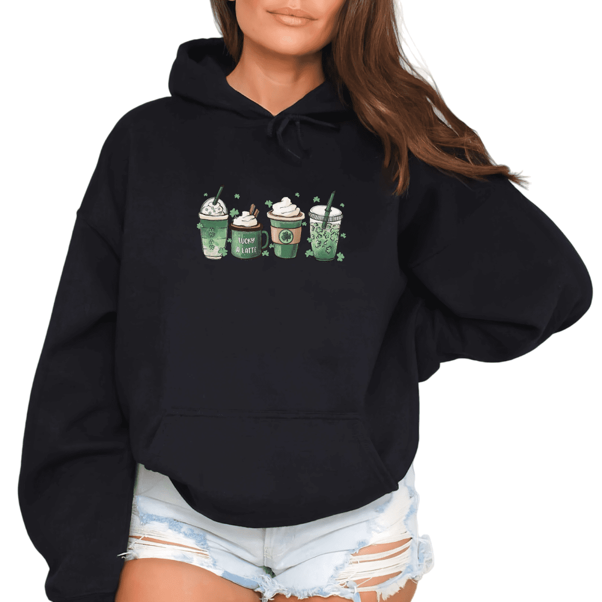 Black Print Hoodie Graphic Sweatshirt Lucky Latte Green Drinks Shamrock ...