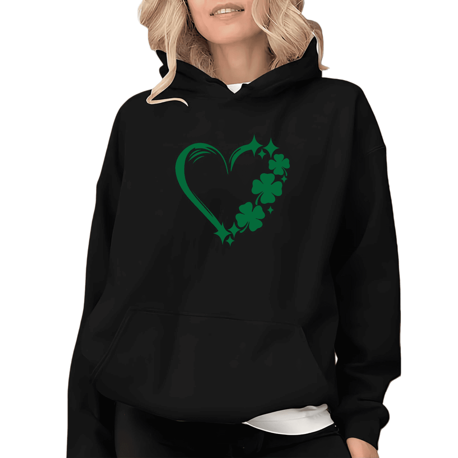 Black Print Hoodie Graphic Sweatshirt St Patrick Day Heart Clover Star ...