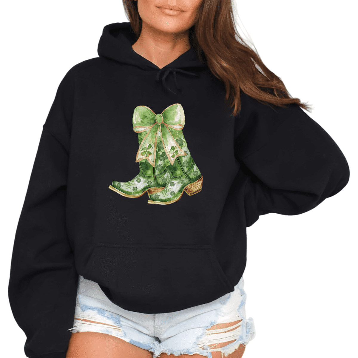 Black Print Hoodie Graphic Sweatshirt Watercolor Green Shamrock Cowboy ...